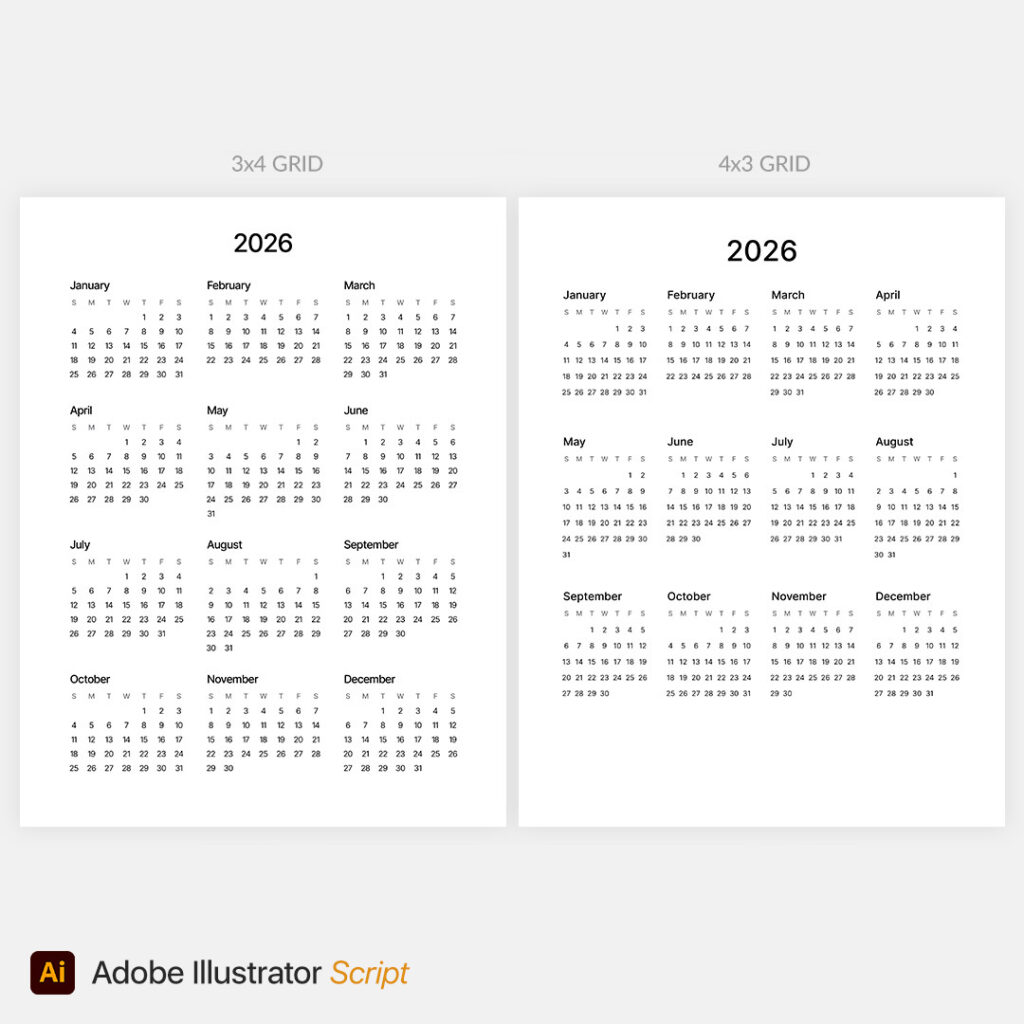 Minimal Modern Calendar Script for Adobe Illustrator — Monthly & Grid ...