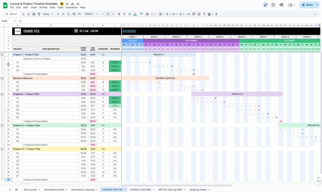 Education Courses & Projects Timeline Planner Template for Google ...